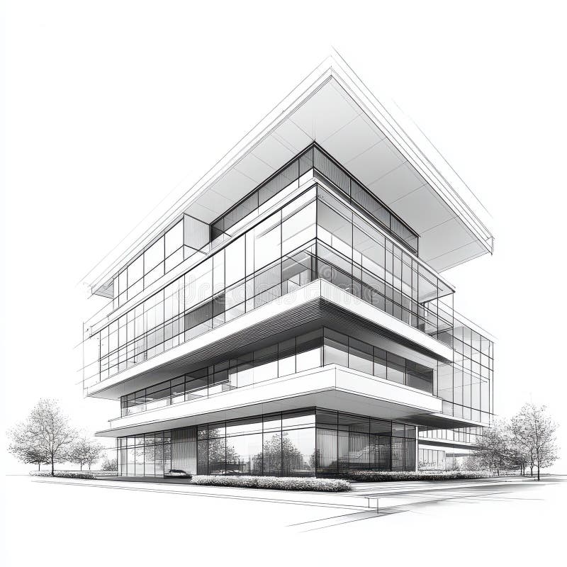 Modern Glass Building Architectural Sketch Design Isolated on a White ...