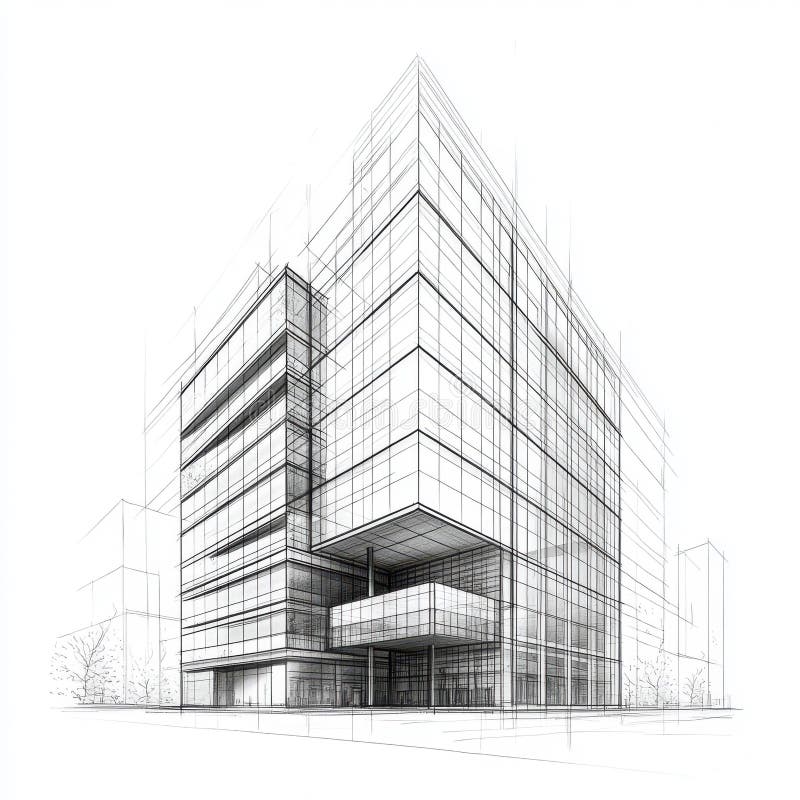 Modern Glass Building Architectural Sketch Design Isolated on a White ...