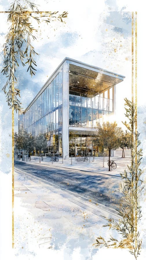 Modern Glass Building with Artistic Border Stock Illustration ...