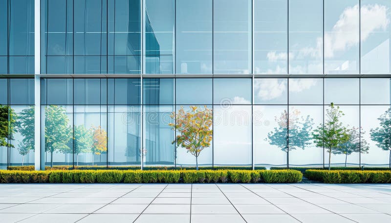 Modern Glass Building Courtyard with Trees, Greenery, Sunlight, Shadows ...