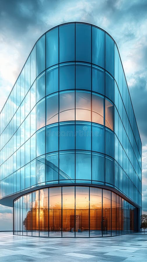 Modern Glass Building with Curved Facade and Reflective Surfaces Stock ...