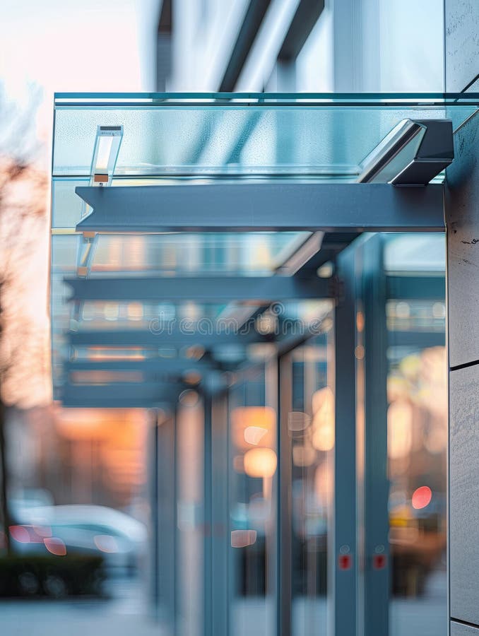 Modern Glass Building Entrance with Reflective Windows at Sunset. Stock ...