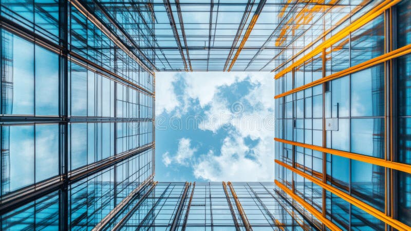 Modern Glass Building Exterior with Blue and Yellow Frames Stock ...