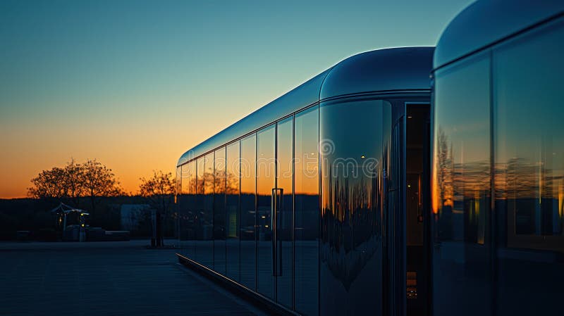 Modern Glass Building Exterior at Sunset with Rooftop View Stock ...