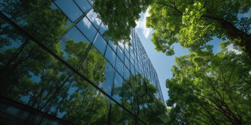 Modern Glass Building with Green Tree Reflection, Blue Sky, Sustainable ...
