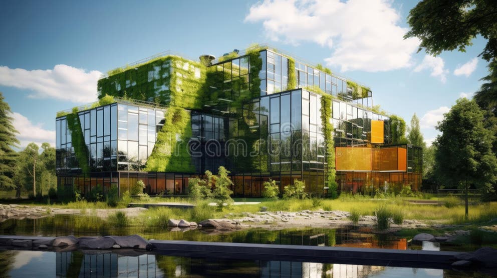 Modern Glass Building with Greenery Around Stock Image - Image of ...