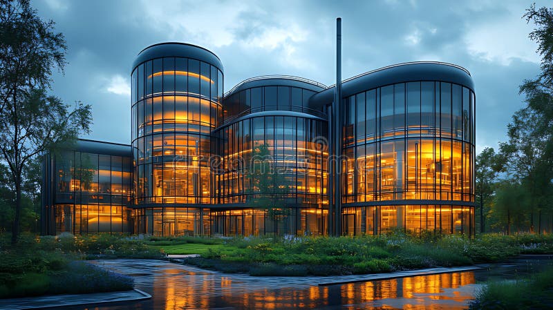 Modern Glass Building, Illuminated Night, Park Setting, Architectural ...