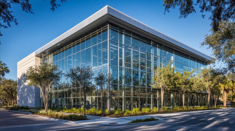 Modern Glass Building with Landscaping and Blue Sky Stock Illustration ...