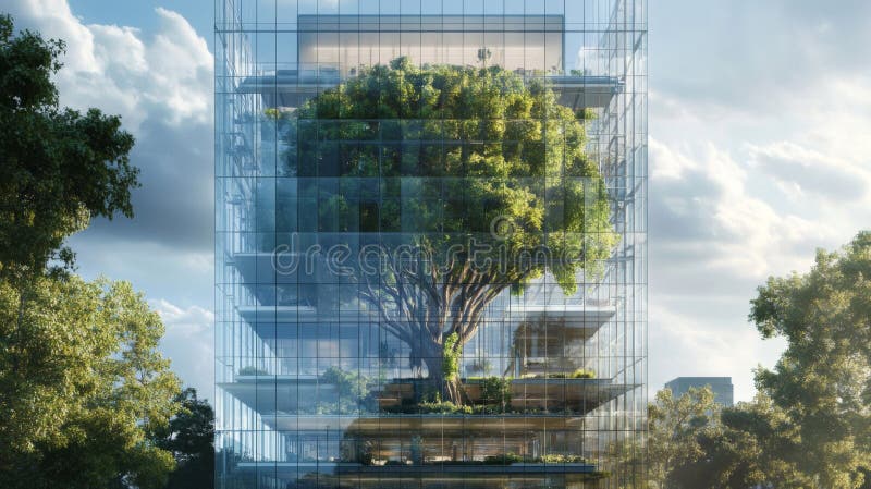 Modern Glass Building with Large Interior Tree Stock Illustration ...