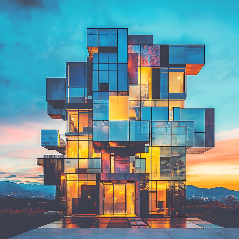 Modern Glass Building with Mountain View at Sunset Stock Illustration ...