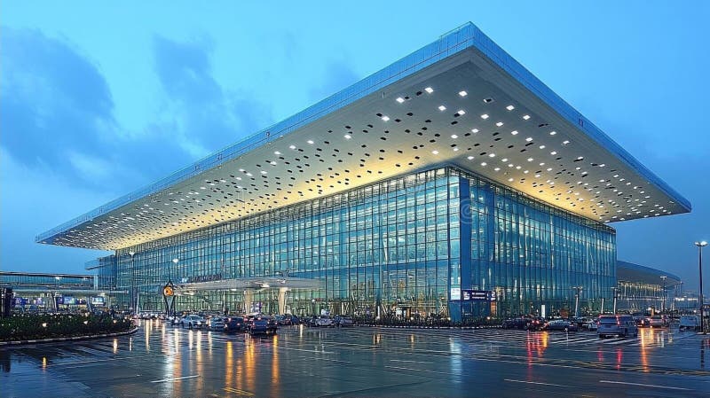 Modern Glass Building at Night with City Lights Stock Image - Image of ...