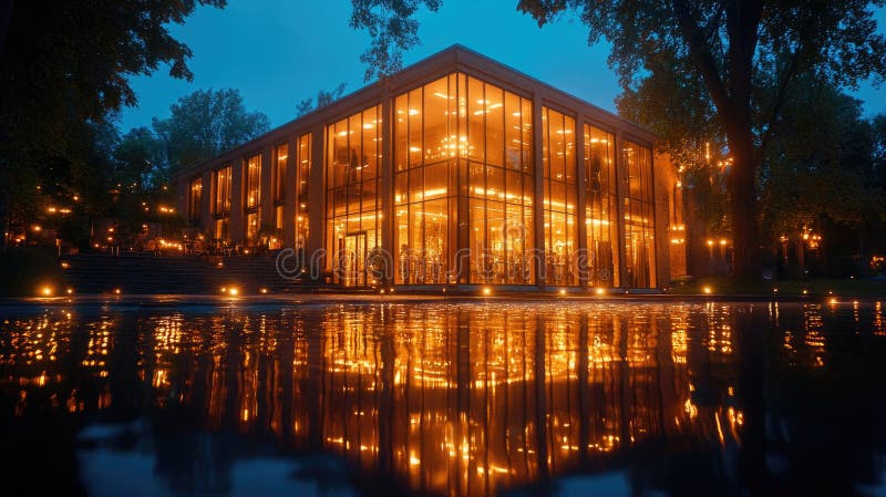 Modern Glass Building at Night Reflecting Warm Lights on Water Surface ...