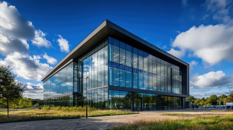 Modern Glass Building Reflecting Blue Sky and White Clouds in a Scenic ...