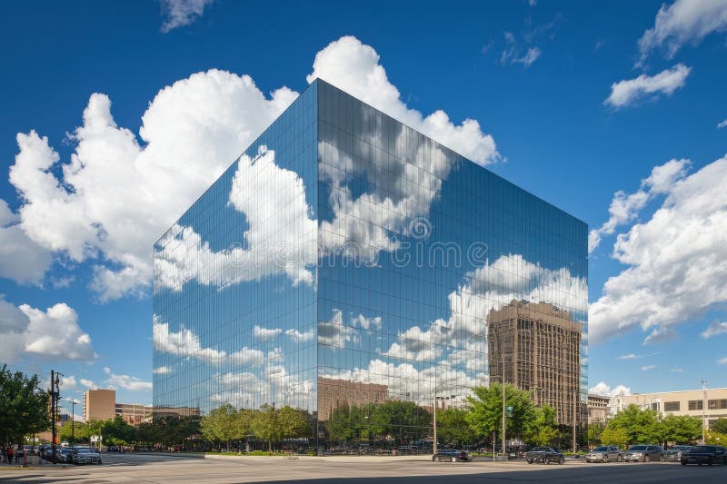 A Modern Glass Building Reflecting Clouds and the Cityscape Stock ...