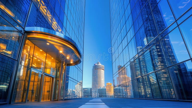 Modern Glass Building Reflecting Lights during Dusk in an Urban Setting ...