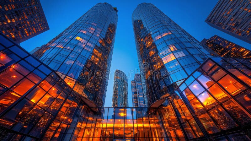 Modern Glass Building Reflecting Lights during Dusk in an Urban Setting ...