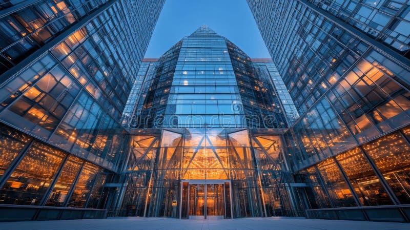 Modern Glass Building Reflecting Lights during Dusk in an Urban Setting ...