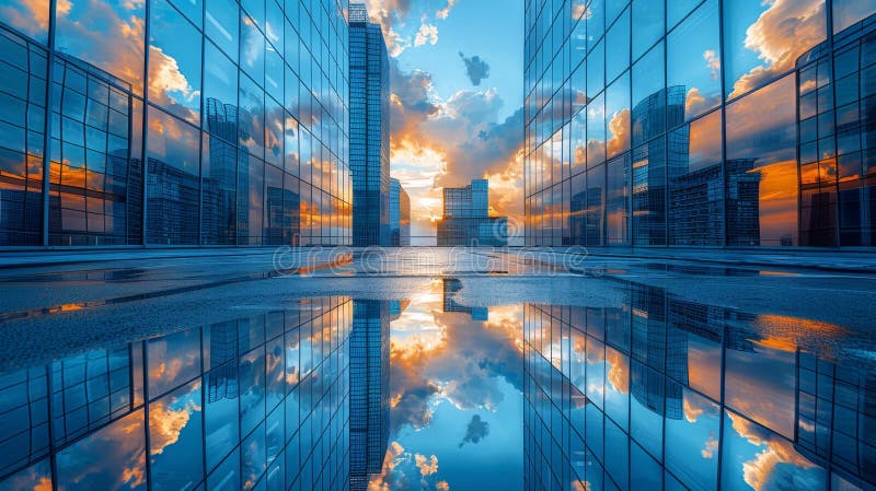 Modern Glass Building Reflections at Sunset - Generative Ai Stock ...