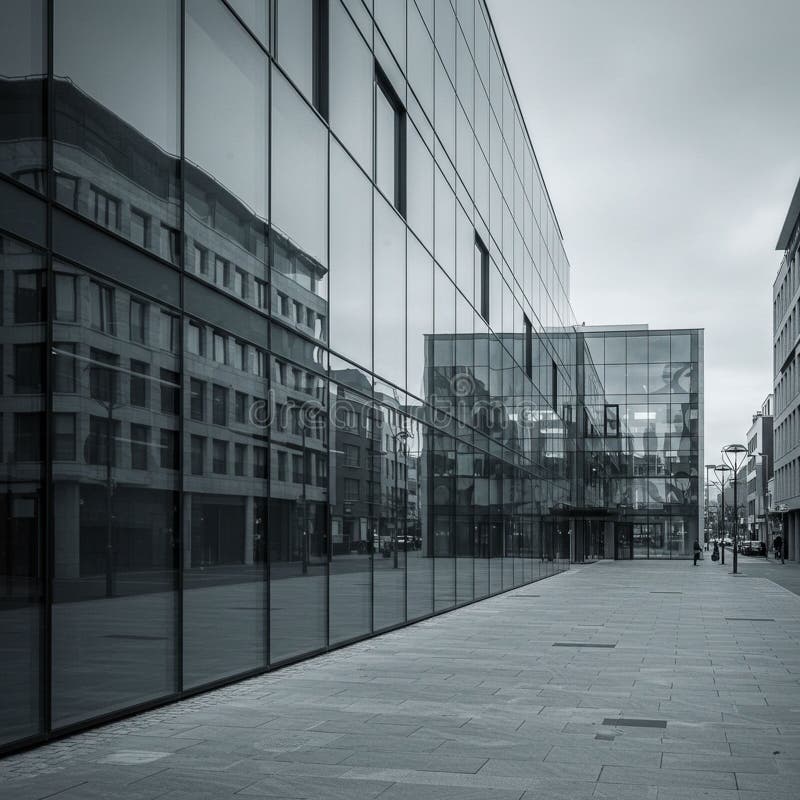 Modern Glass Building with Reflective Windows Situated on a Wide, Paved ...