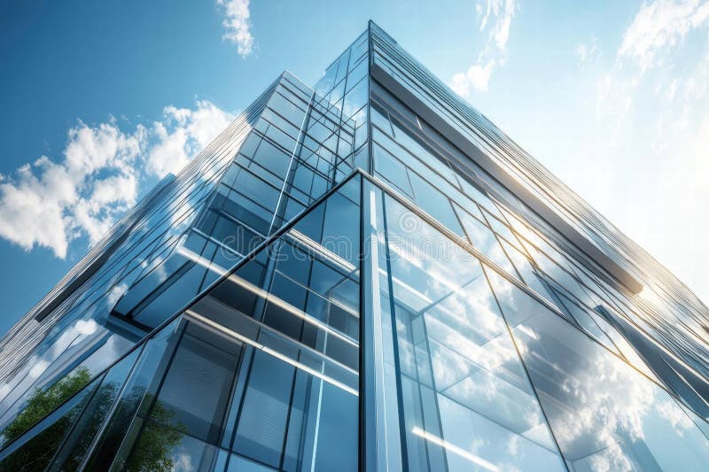 Modern Glass Building Reflects Blue Sky and Clouds with Architectural ...