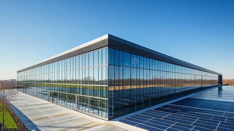 Modern Glass Building with Rooftop Solar Panels Stock Illustration ...