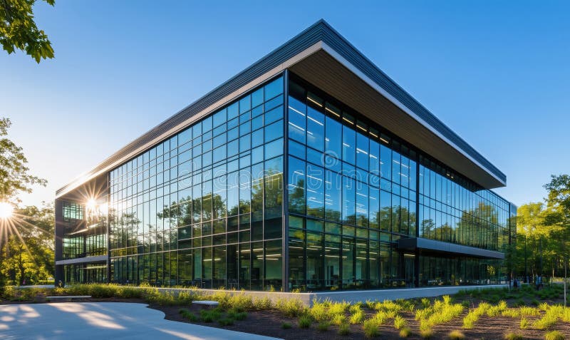 Modern Glass Building Showcasing Sustainable Architecture with Lush ...