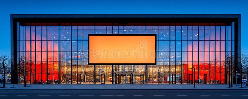 A Modern Glass Building with Striking Colors and a Large Display Screen ...