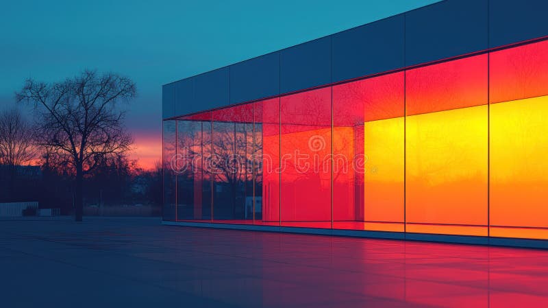 Modern Glass Building at Sunset with Colorful Interior Stock ...