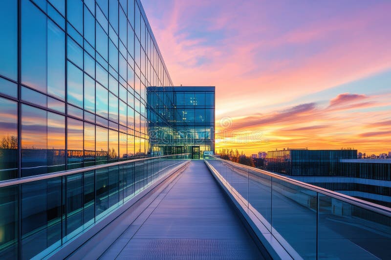 Modern Glass Building at Sunset with a Walkway Leading Towards it Stock ...