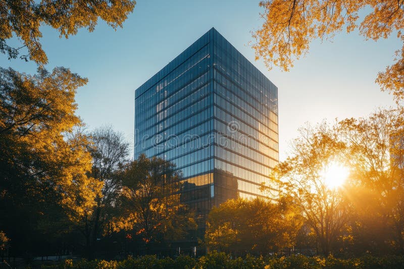 A Modern Glass Building Surrounded by Autumn Foliage and Sunlight Stock ...