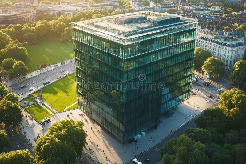 Modern Glass Building Surrounded by Greenery and Urban Landscape Stock ...