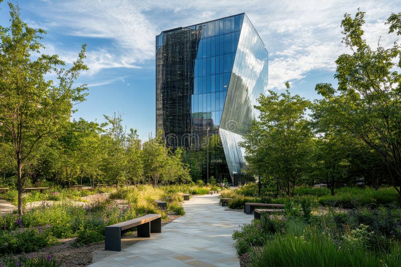 Modern Glass Building Surrounded by Lush Greenery and Pathways Stock ...