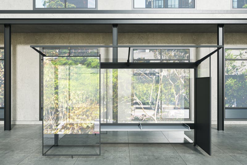 Modern Glass Bus Stop with Tree Reflections and Daylight. Transport and ...