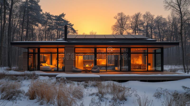 Modern Glass Cabin in Snowy Forest at Sunset with Warm Interior ...