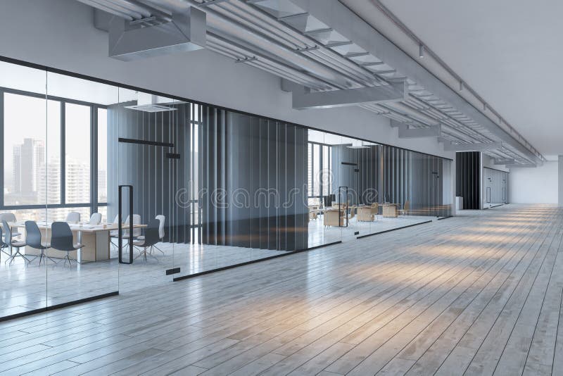 Modern Glass Corridor Office Interior with Window and City View. 3D ...