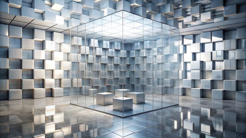 Modern Glass Cube Display within a Geometric Cube Wall Structure ...