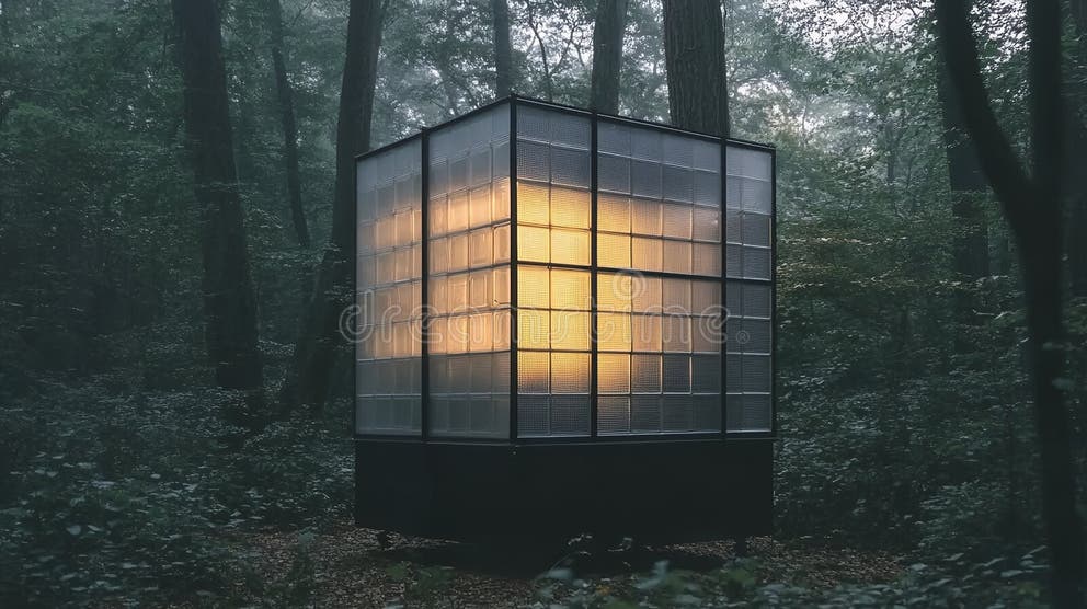 Modern Glass Cube Structure in Serene Forest Setting Zen Warm Dark Calm ...