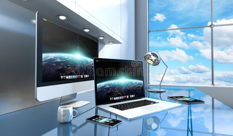 Modern Glass Desk Interior with Computer and Devices 3D Rendering Stock ...