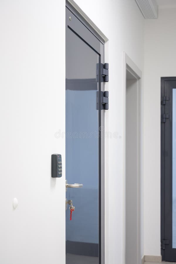 Modern Glass Door with Security Panel and Keys Stock Image - Image of ...