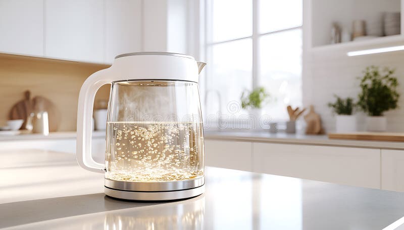 Modern Glass Electric Kettle Boiling on Kitchen Table Stock Photo ...