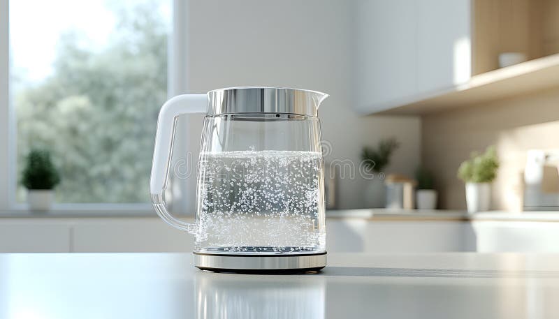 Modern Glass Electric Kettle Boiling on Kitchen Table Stock Photo ...