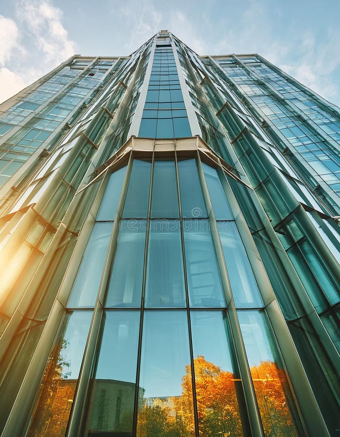 Modern Glass Facade of a Tall Building Reflecting Fall Foliage ...