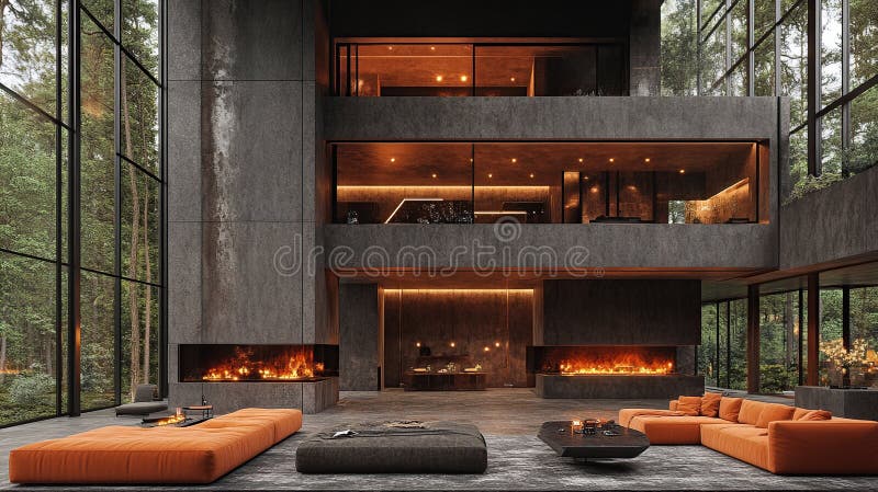 Modern Glass Forest House Interior, Fire, Lounge Stock Image - Image of ...
