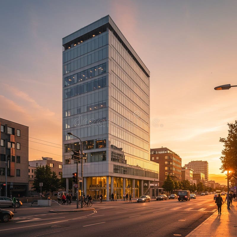 Modern Glass-fronted Office Building at Sunset in an Urban Setting ...