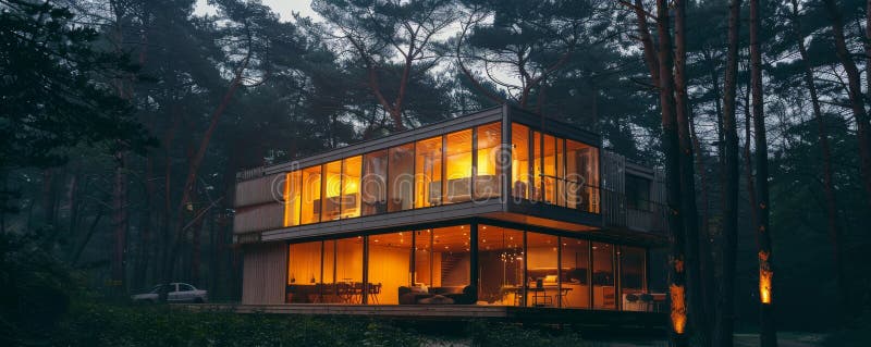 Modern Glass House in the Forest Illuminated at Dusk, Architectural ...
