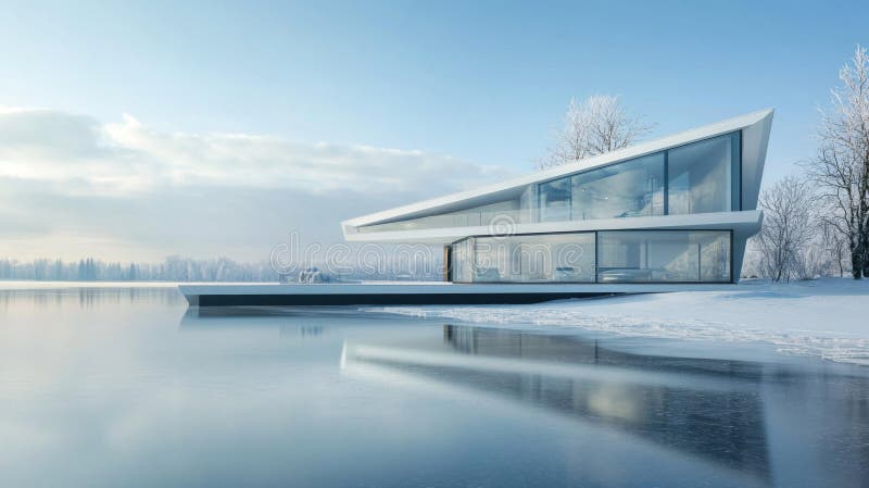 Modern Glass House on Frozen Lake in Winter Stock Illustration ...