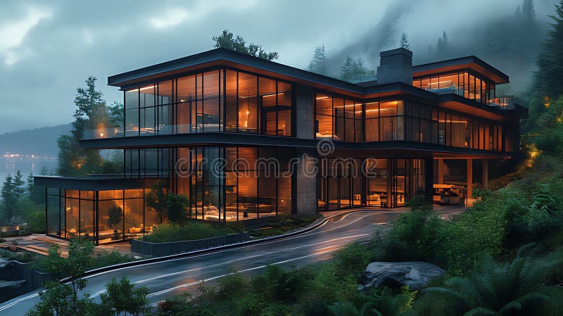 Modern Glass House on a Hillside at Dusk Stock Illustration ...