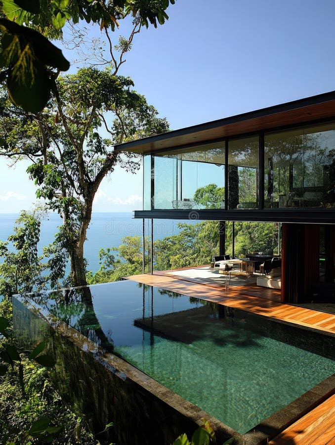 Modern Glass House with Infinity Pool Overlooking the Ocean in Daylight ...