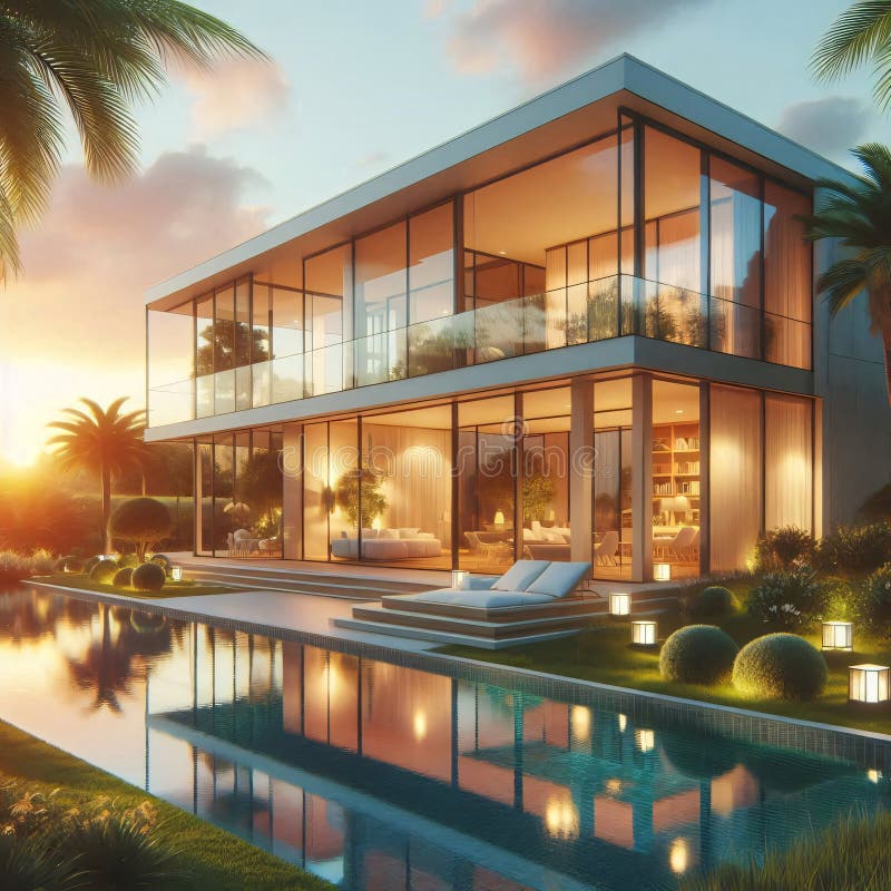 Modern Glass House with Lush Greenery and Reflective Pool at Sunset ...