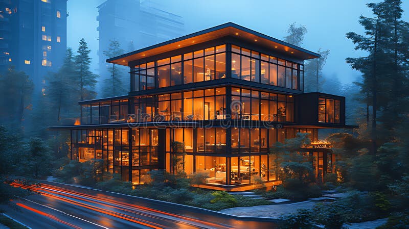 Modern Glass House at Night, Illuminated Interior, City Lights Blurred ...
